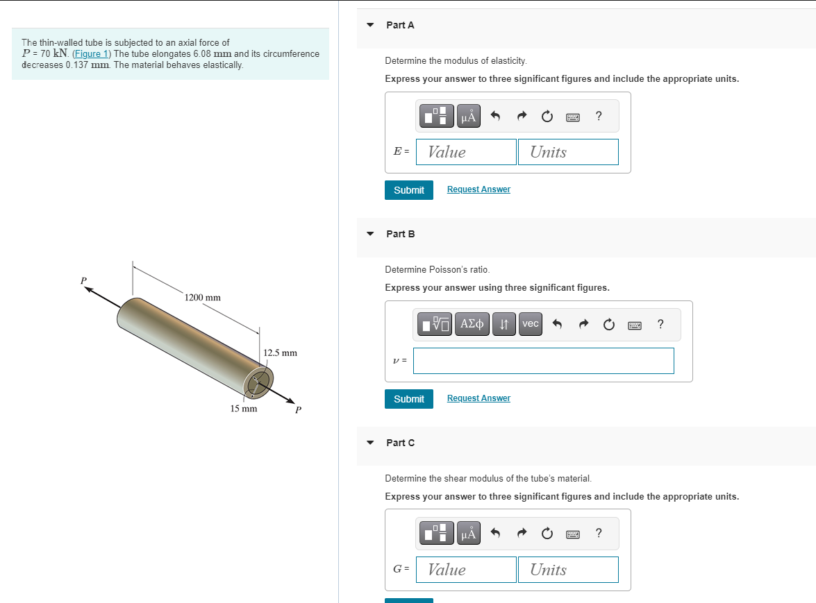(Solved) - The thin-walled tube is subjected to an axial force of P ...