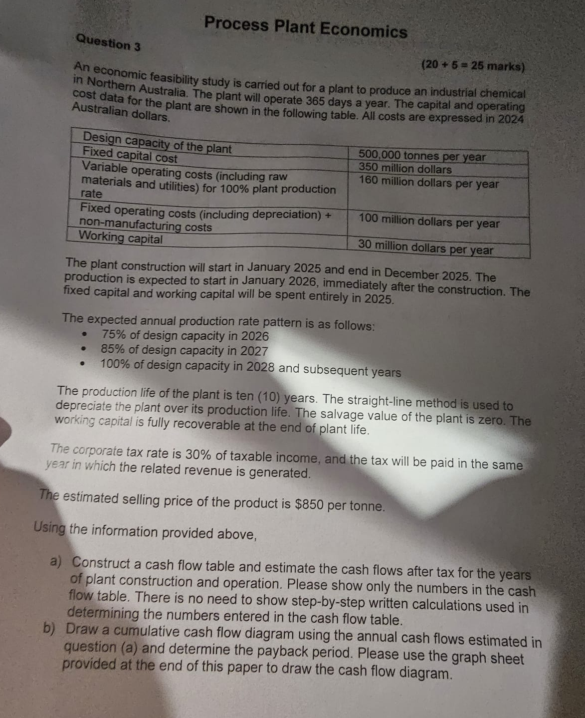 (Solved) - Process Plant Economics Question 3 An economic feasibility ...
