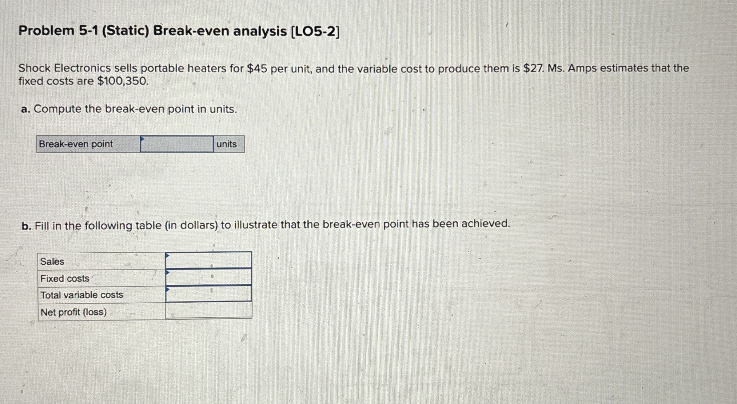 (Solved) - Problem 5-1 (Static) Break-even analysis [LO5-2] Shock ...