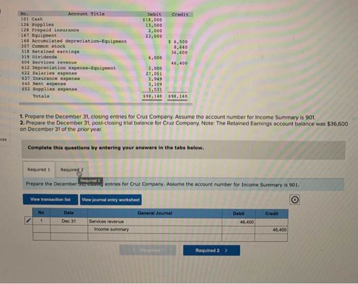  Solved 1 Prepare The December 31 Closing Entries For Cruz Company