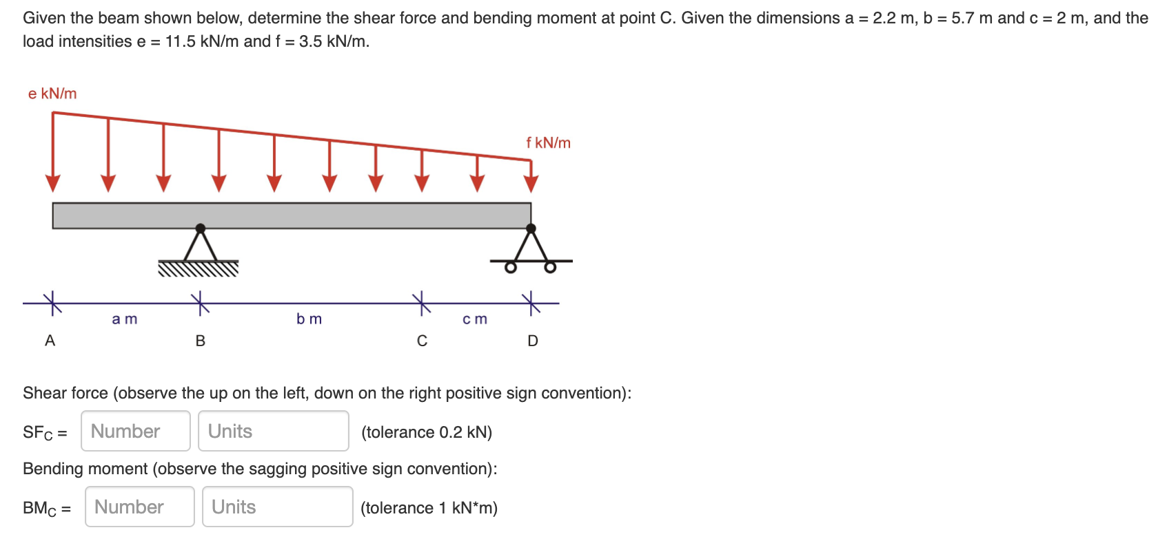 (Solved) - Given the beam shown below, determine the shear force and ...