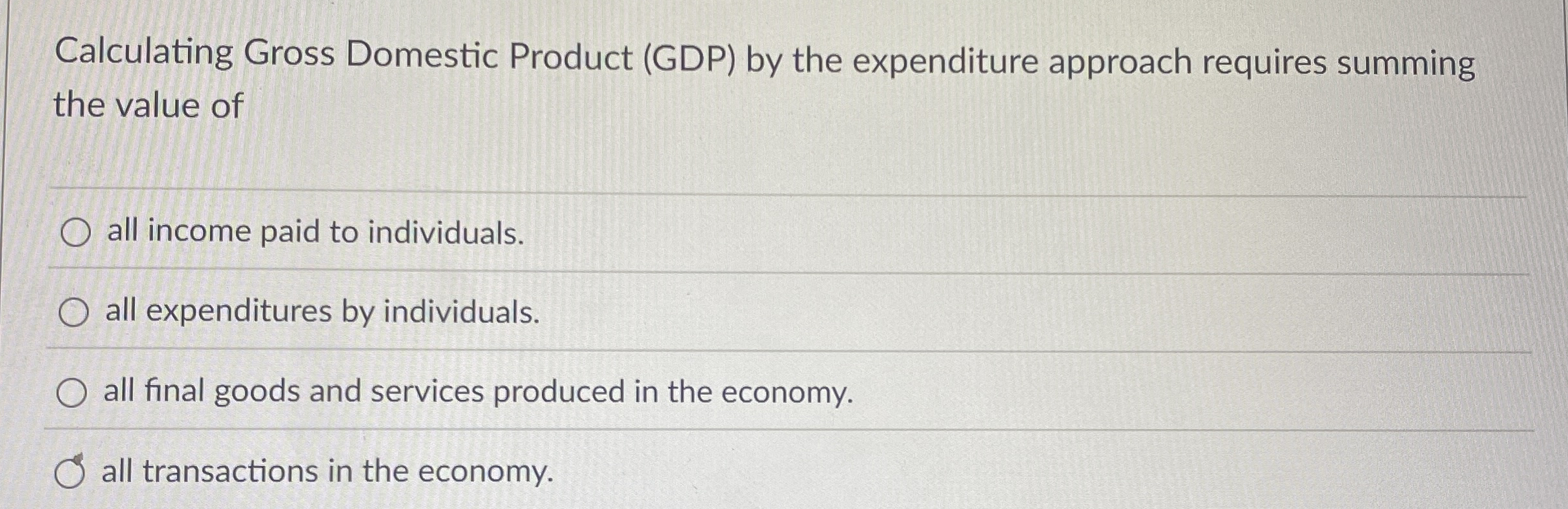 (Solved) - Calculating Gross Domestic Product (GDP) by the expenditure... (1 Answer) | Transtutors