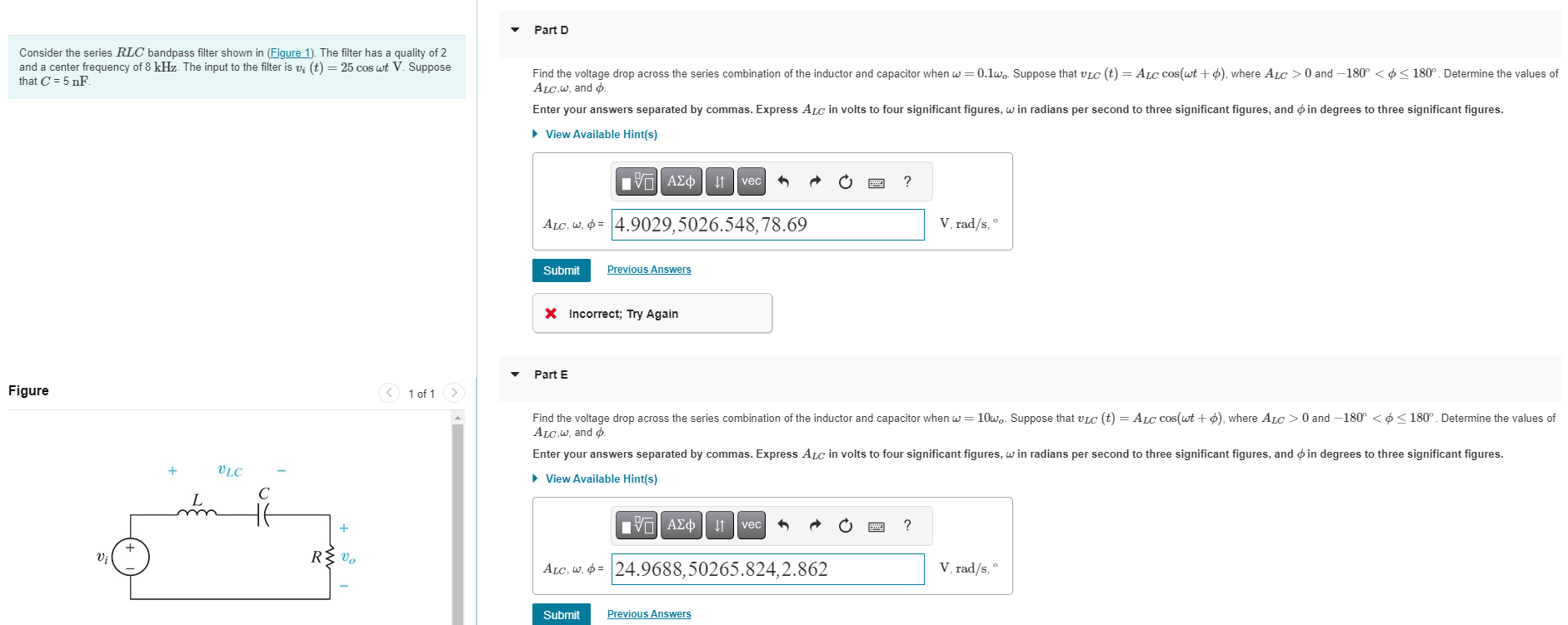 (Solved) - Consider the series RLC bandpass filter shown in (Figure 1 ...