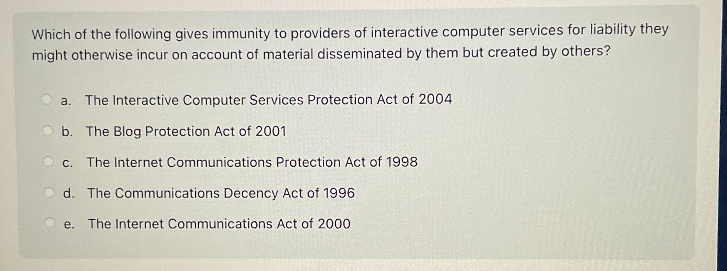 (Get Answer) - Which of the following gives immunity to providers of ...