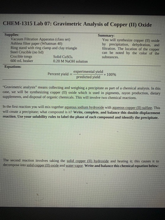  Get Answer CHEM 1315 Lab 07 Gravimetric Analysis Of Copper II