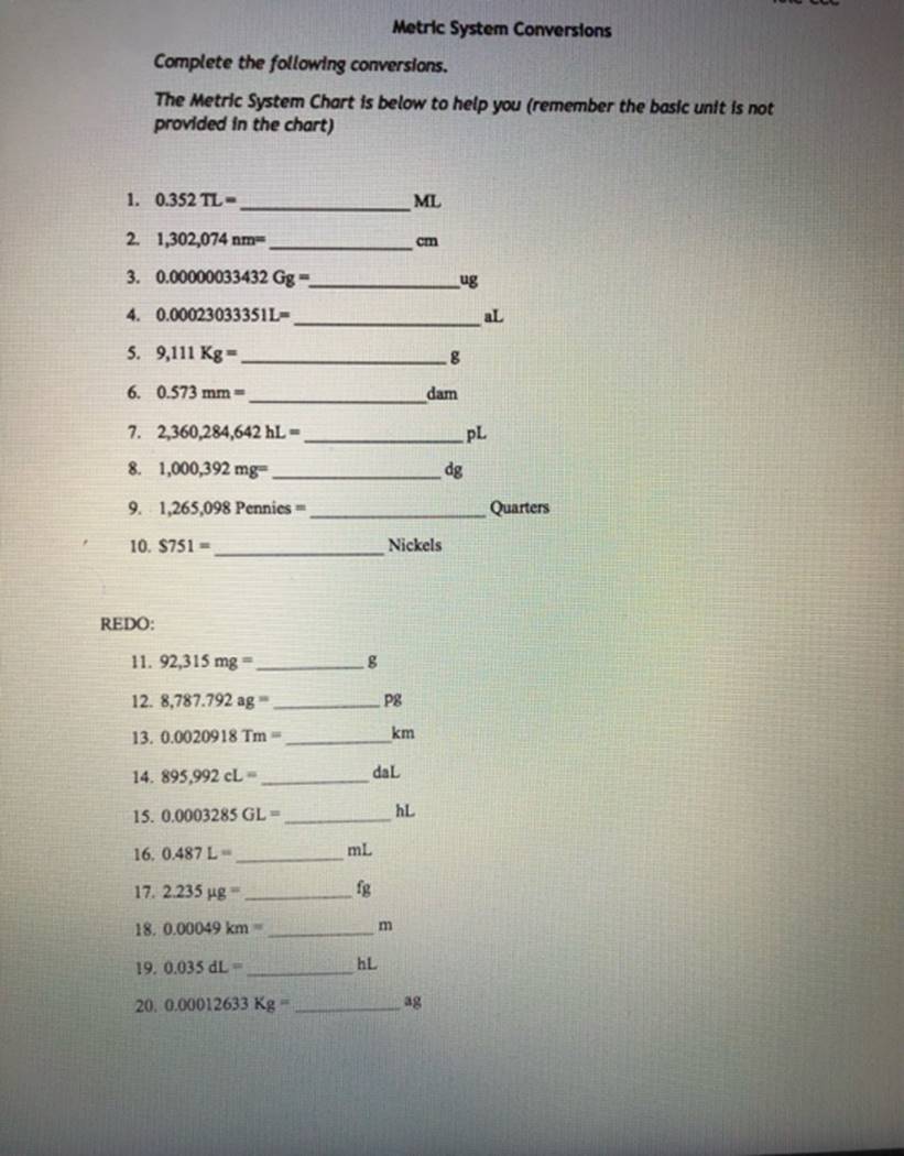 (Solved) - Metric System Conversions Complete the following conversions ...