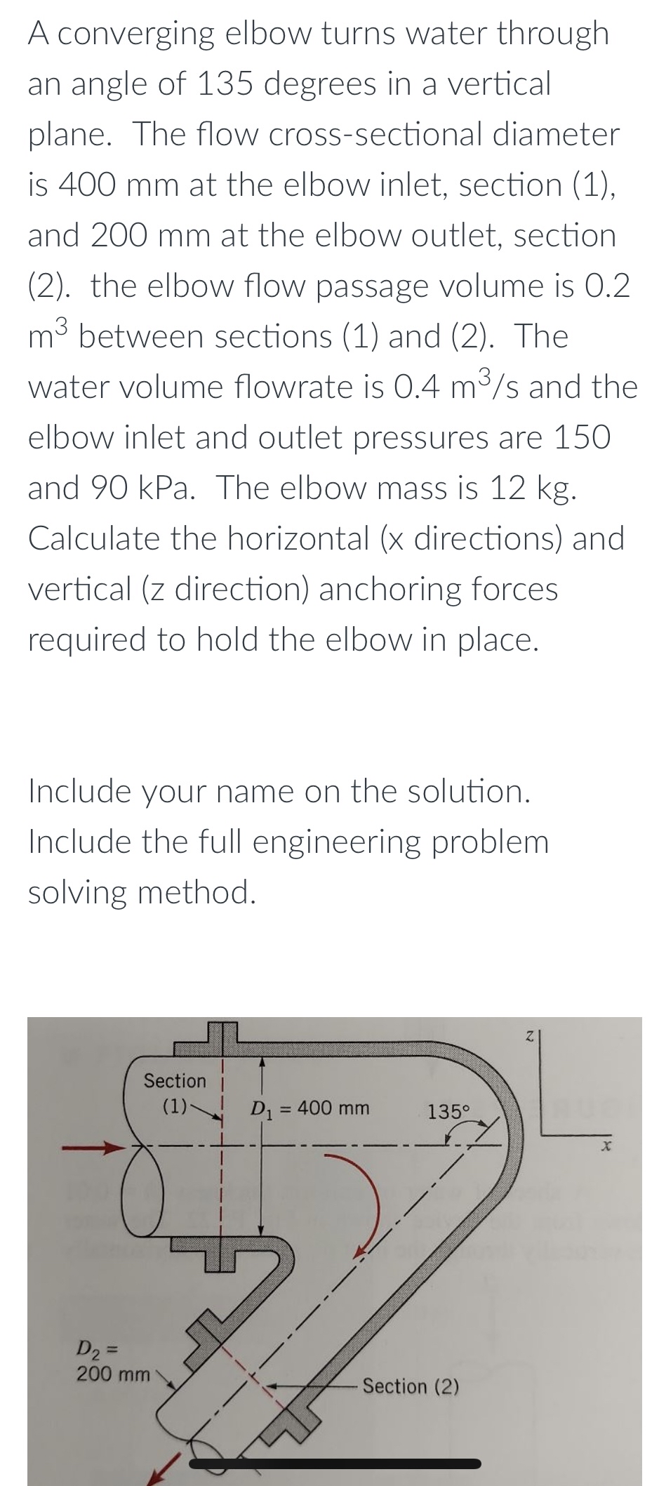 (Solved) - A converging elbow turns water through an angle of 135 ...