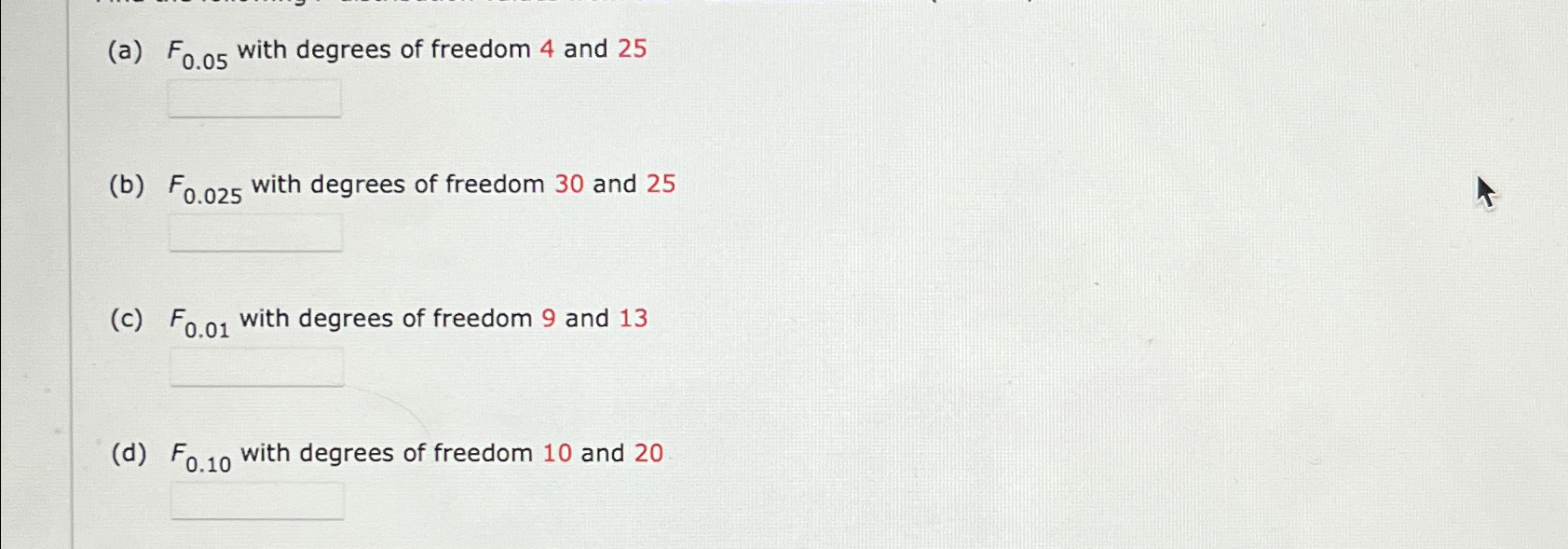 (Get Answer) - (a) F0.05 with degrees of freedom 4 and 25 (b) F0.025 ...