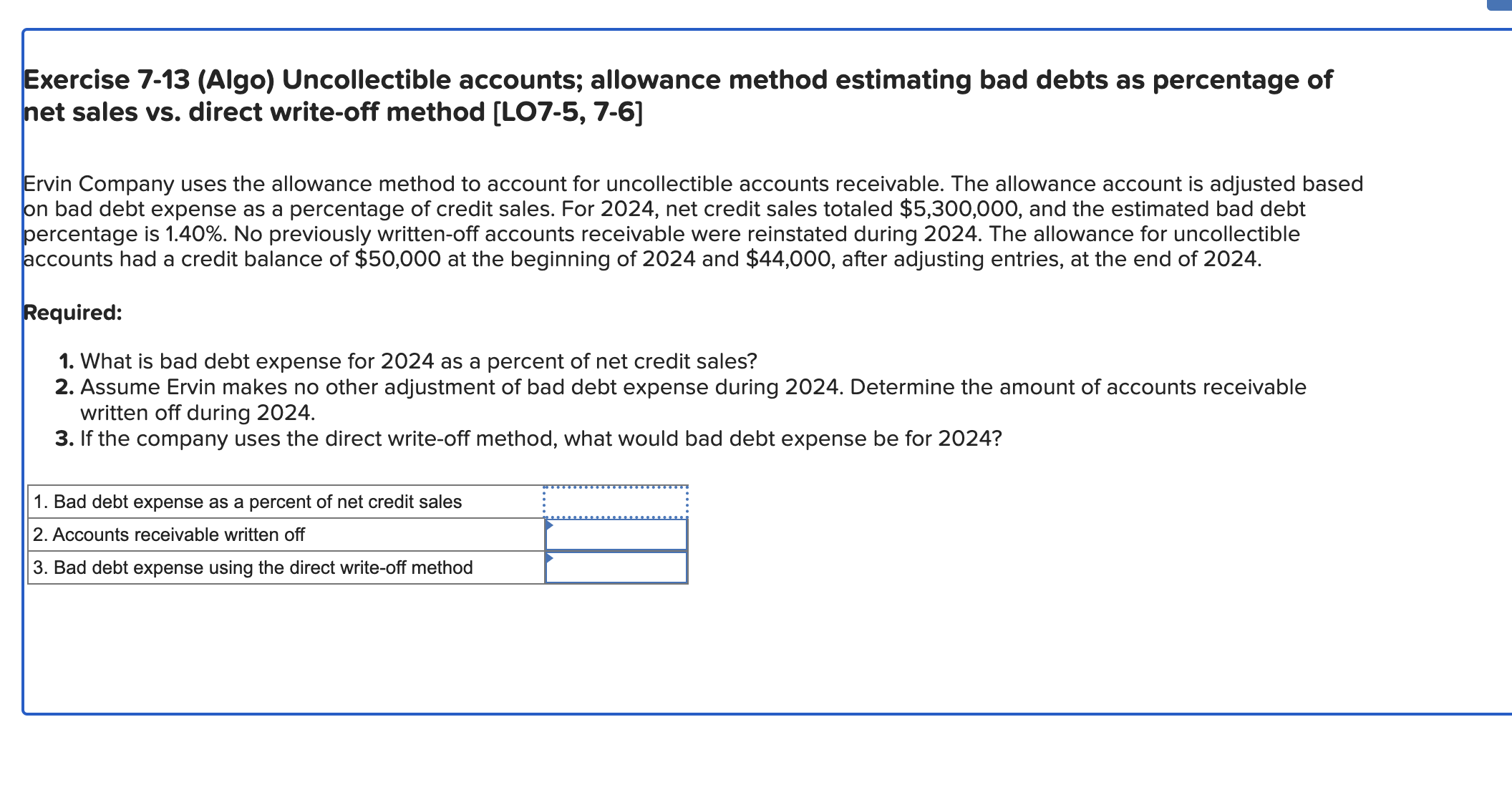 (Get Answer) - Exercise 7-13 (Algo) Uncollectible accounts; allowance method...| Transtutors