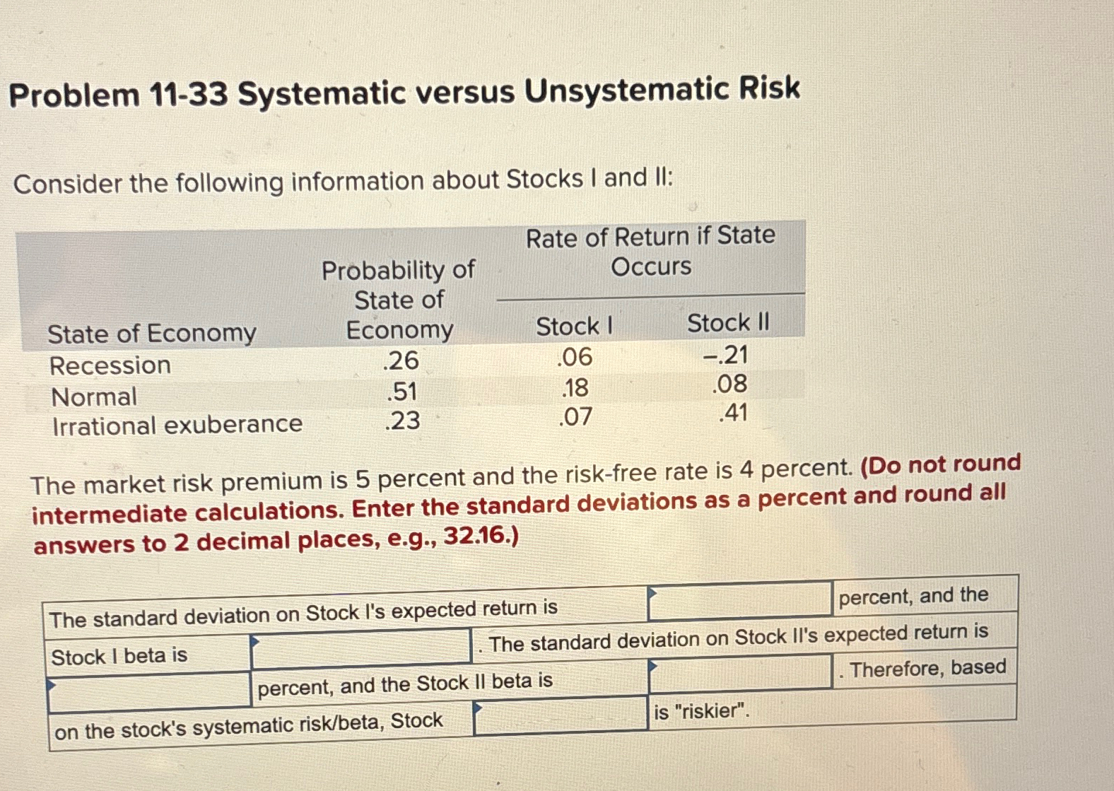 (Solved) - Problem 11-33 Systematic versus Unsystematic Risk Consider ...