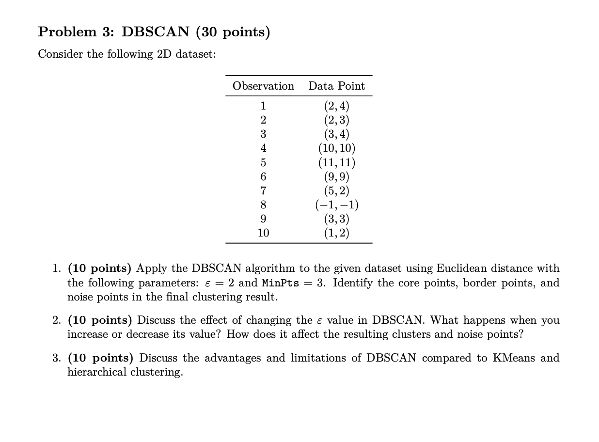 (Get Answer) - Problem 3: DBSCAN (30 points) Consider the following 2D dataset:...| Transtutors