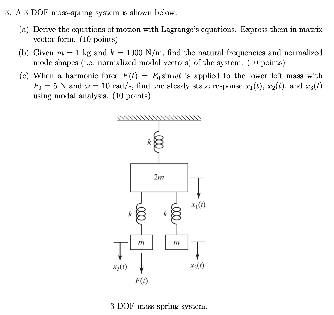 (Solved) - A 3 DOF mass-spring system is shown below. (a) Derive the ...
