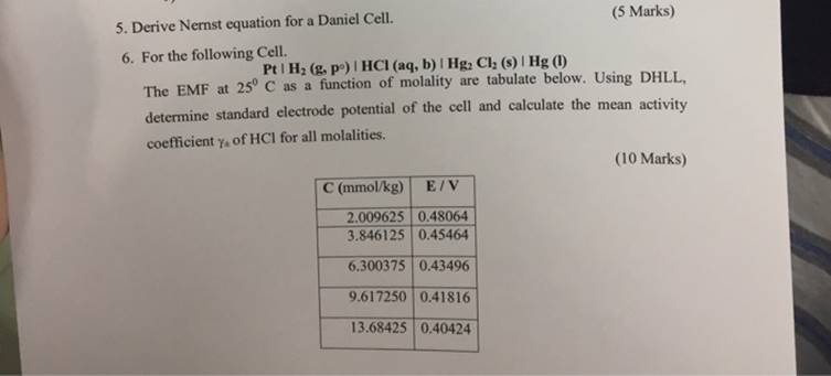 Solved Question 5 Derive Nernst Equation For A Daniel Cell 5 4534