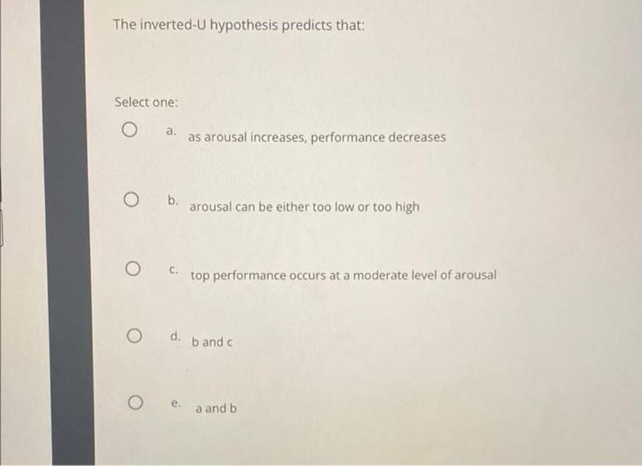 (Solved) - The inverted-U hypothesis predicts that: Select one: a. as ...