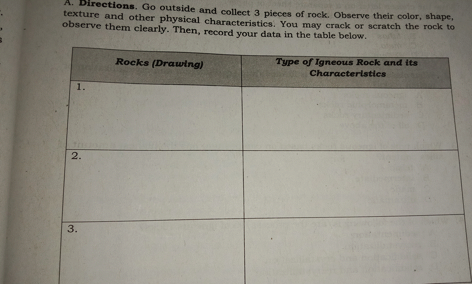 (Solved) - A. Directions. Go outside and collect 3 pieces of rock ...