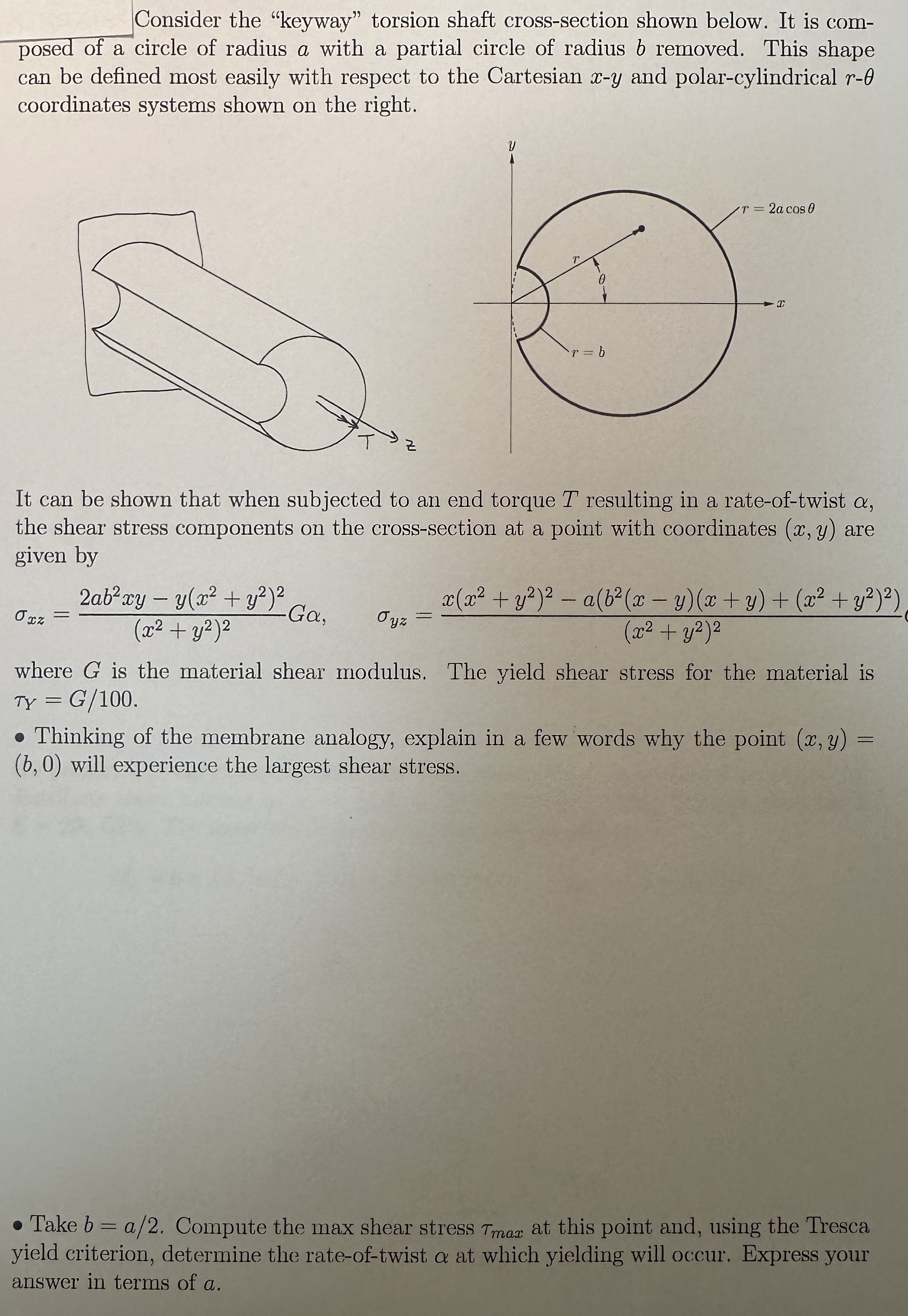 (Solved) - Consider the "keyway" torsion shaft cross-section shown ...
