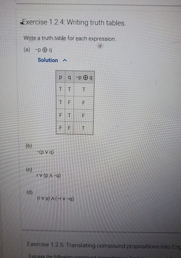 (Solved) - Writing Truth Tables. Write A Truth Table For Each ...