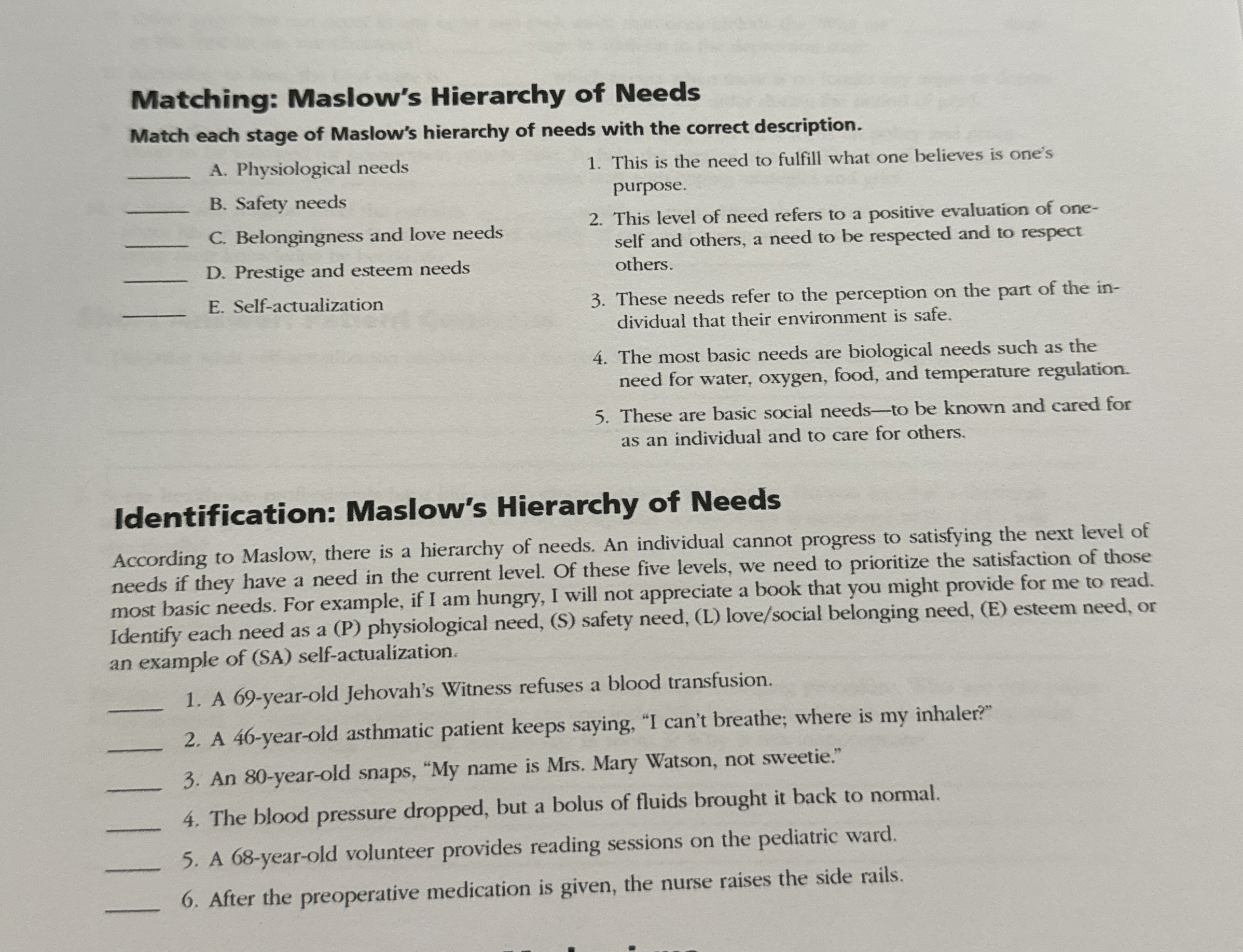 (Get Answer) - Matching: Maslow's Hierarchy of Needs Match each stage ...