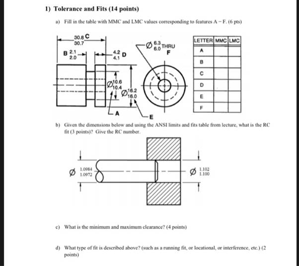 Get Answer 1 Tolerance And Fits 14 Points A Fill In The Table Get Answer 1 Tolerance And Fits 14 Points A Fill In The Table
