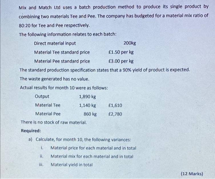 (Solved) - Question: Mix And Match Ltd Uses A Batch Production Method ...