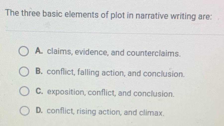 (Get Answer) - The three basic elements of plot in narrative writing ...