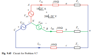 (Solved) - A balanced three-phase wye–wye system is shown in Fig. 9.45 ...