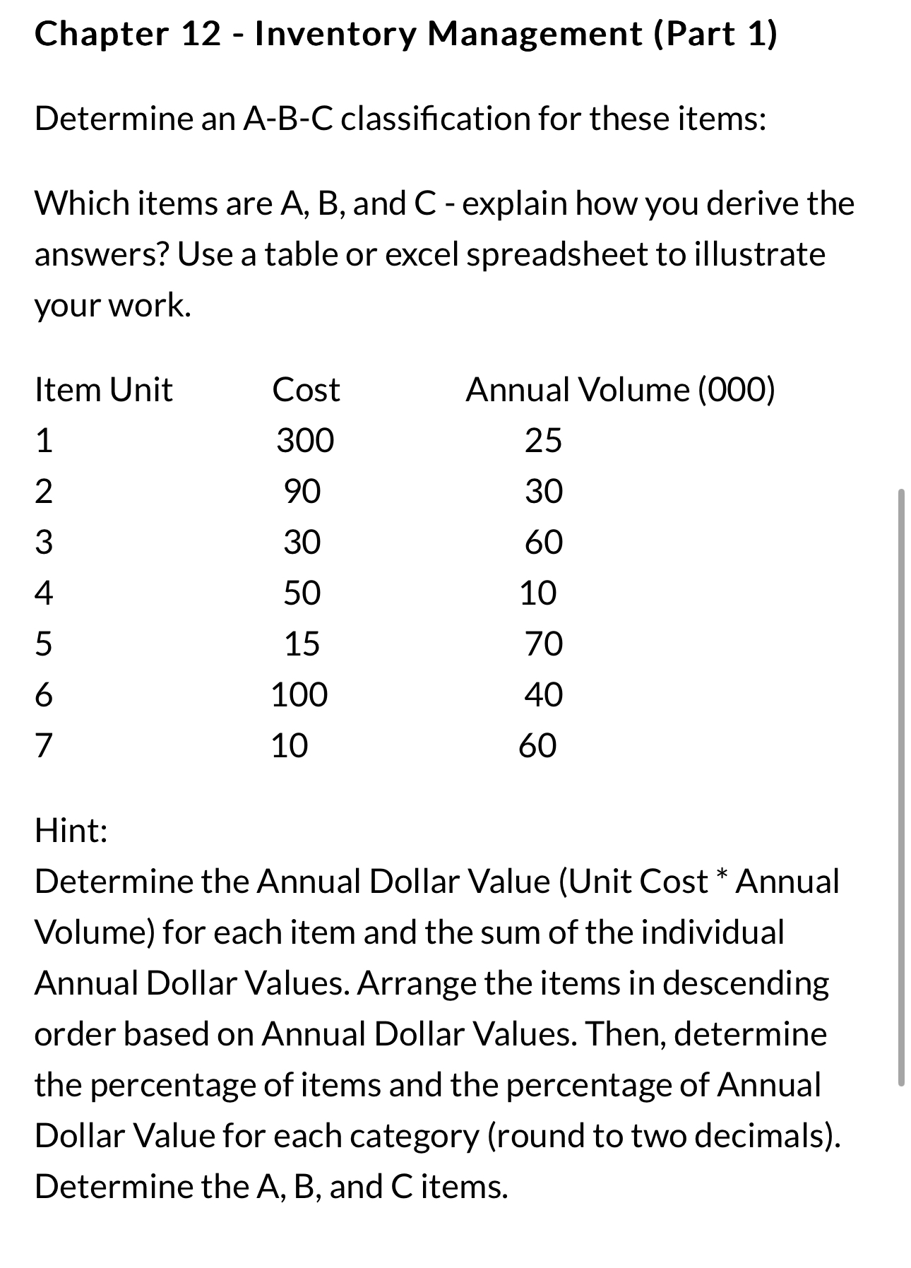 (Solved) - Chapter 12 - Inventory Management (Part 1) Determine an A-B-C... (1 Answer) | Transtutors