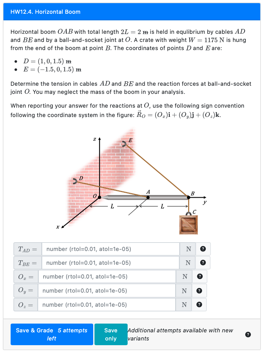 (Get Answer) - Horizontal boom OAB with total length 2L=2m is held in ...