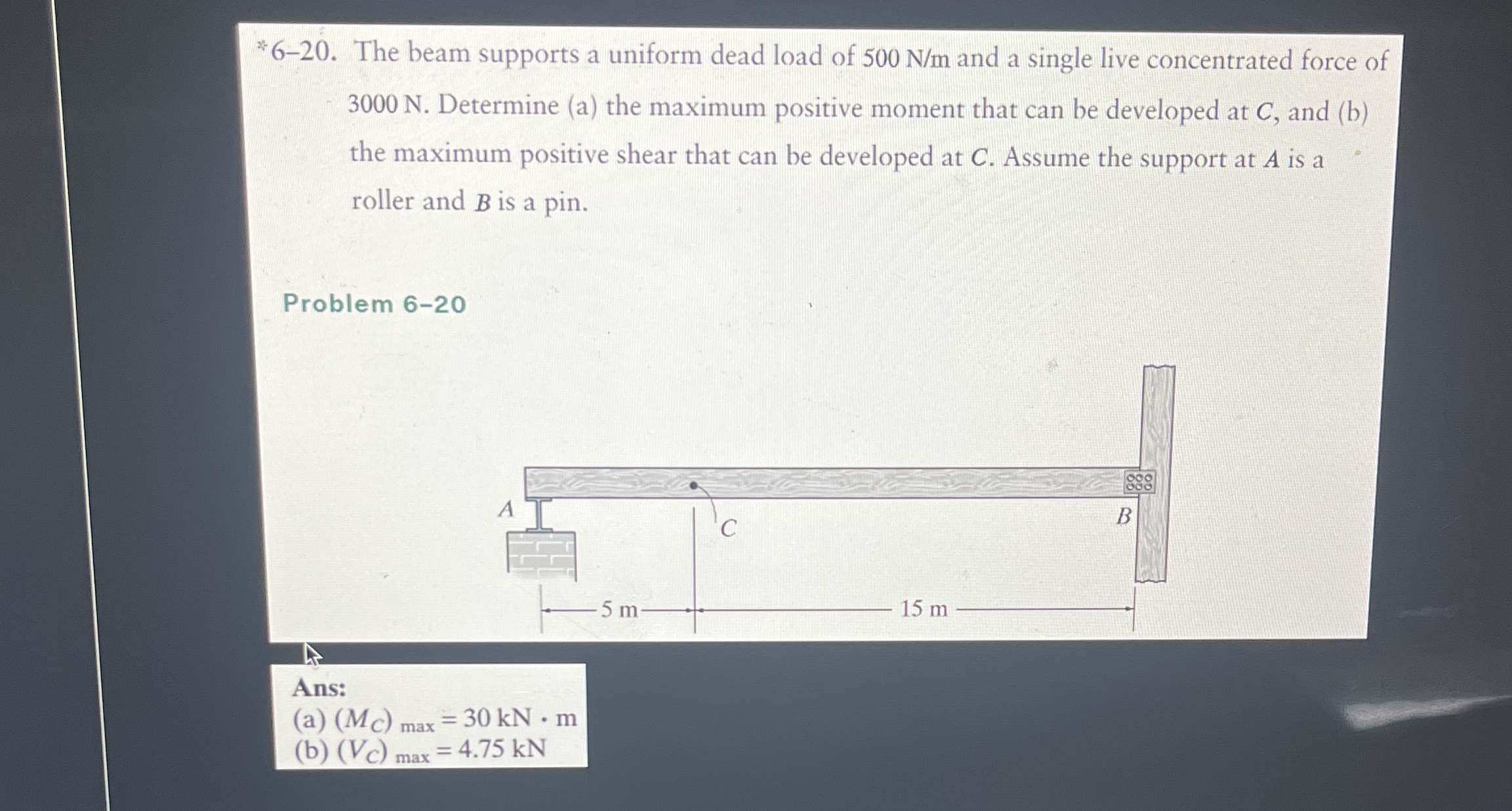 (Get Answer) - 6-20. The beam supports a uniform dead load of 500 Nm ...