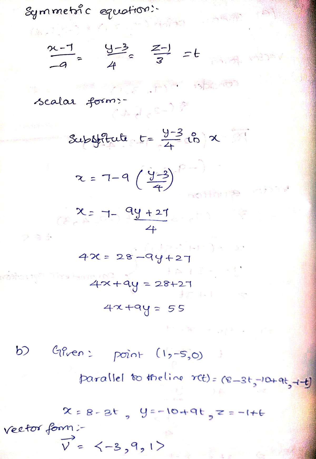 (Solved) - Determine equation of the line in vector form, parametric ...