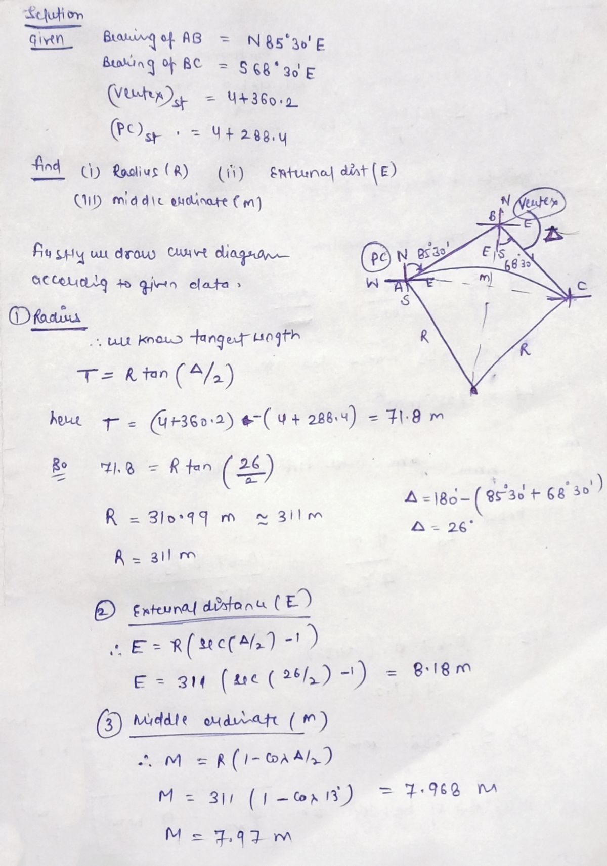 (Solved) - A simple curve connects two tangents AB and BC with bearings ...