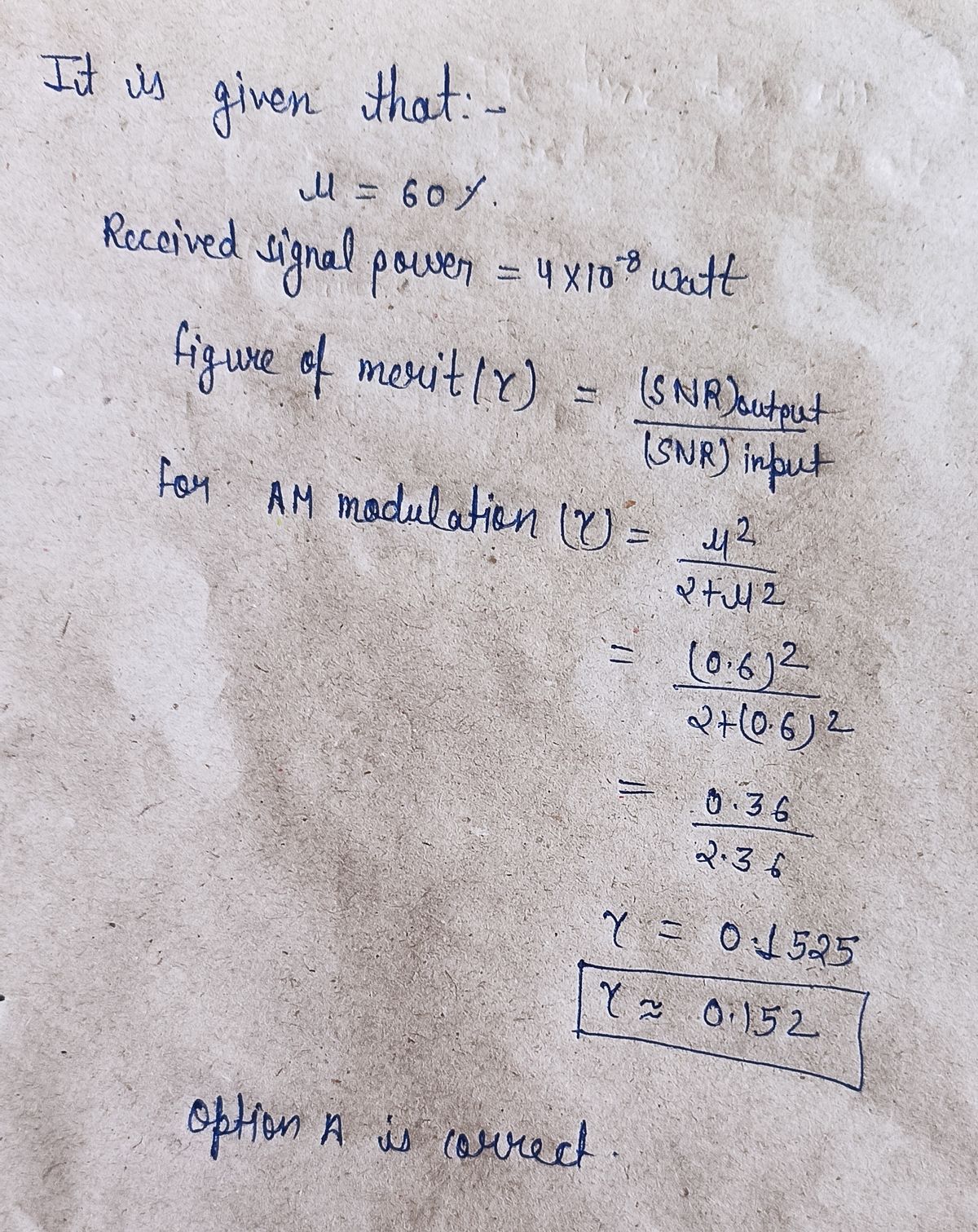 (Solved) - A square law demodulation is used for detection of a normal ...